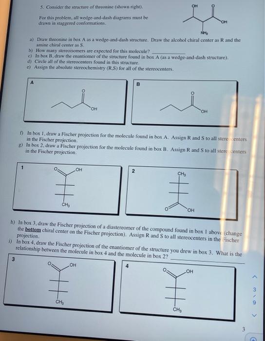 Solved 5. Consider the structure of threonine (shown right). | Chegg.com