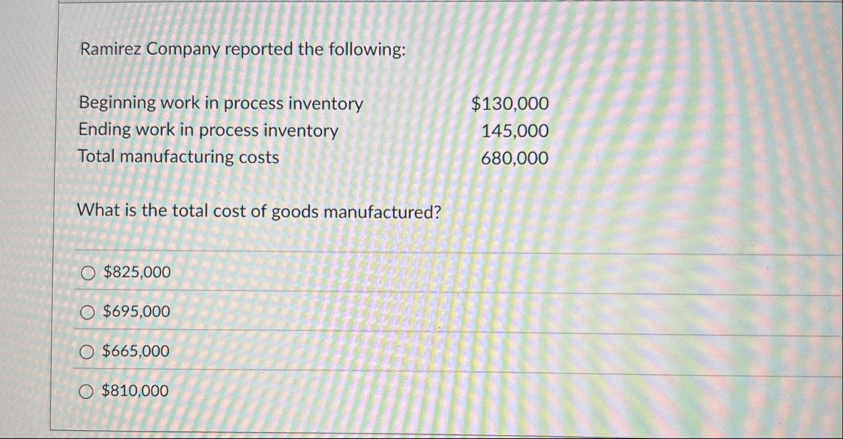 Solved Ramirez Company reported the following:Beginning work | Chegg.com