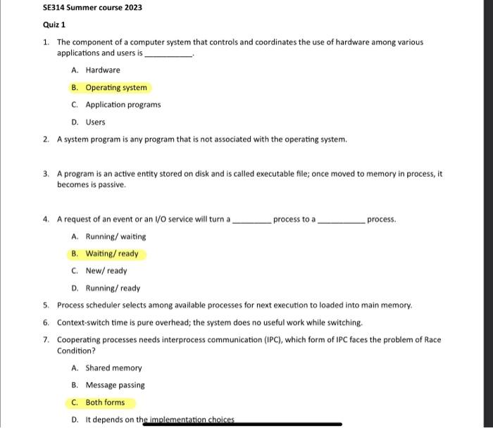 Solved Quiz 1 1. The component of a computer system that | Chegg.com