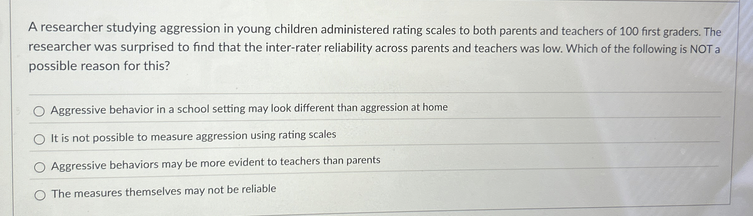 Solved A researcher studying aggression in young children | Chegg.com
