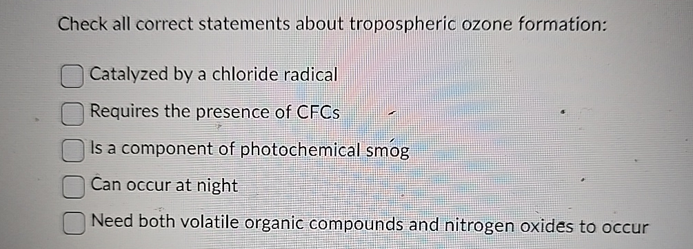 Solved Check all correct statements about tropospheric ozone | Chegg.com