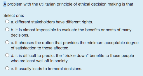 Solved A problem with the utilitarian principle of ethical | Chegg.com