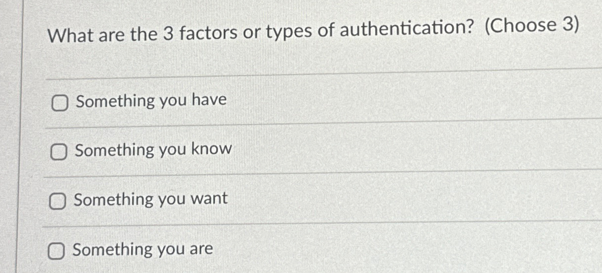 Solved What are the 3 ﻿factors or types of authentication? | Chegg.com