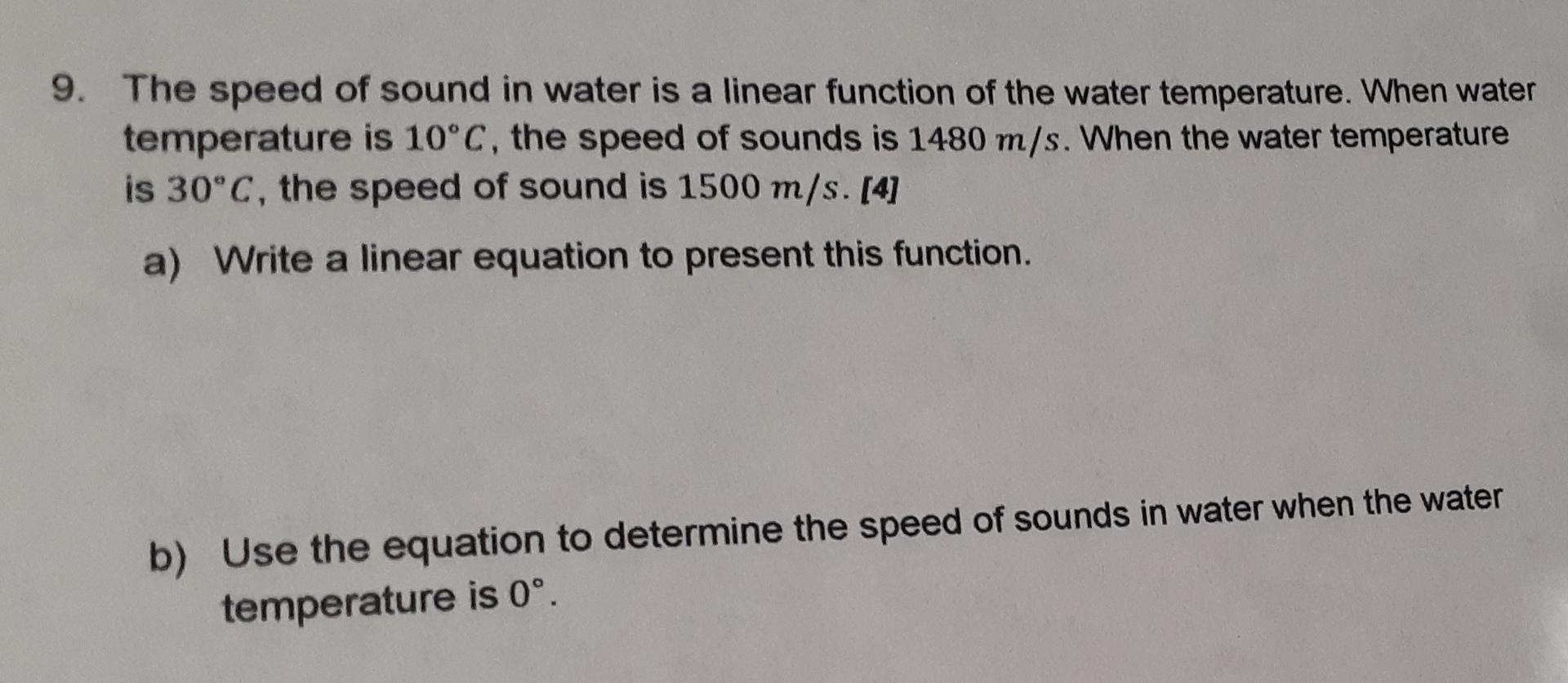 Solved 9. The speed of sound in water is a linear function | Chegg.com