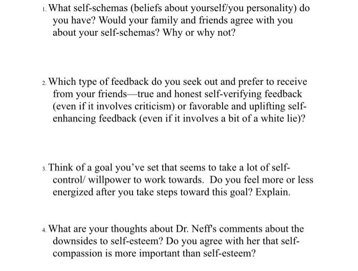 Solved 1. What self-schemas (beliefs about yourself/you | Chegg.com