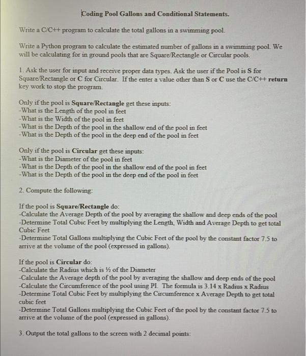 Solved Coding Pool Gallons and Conditional Statements. Write | Chegg.com