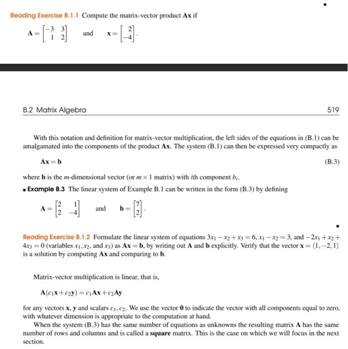 Solved Reading Exercise B.1.1 Compute the matrix-vector | Chegg.com