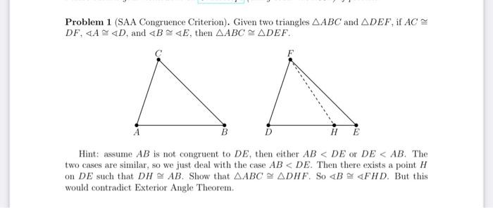 Solved Problem 1 (SAA Congruence Criterion). Given two | Chegg.com