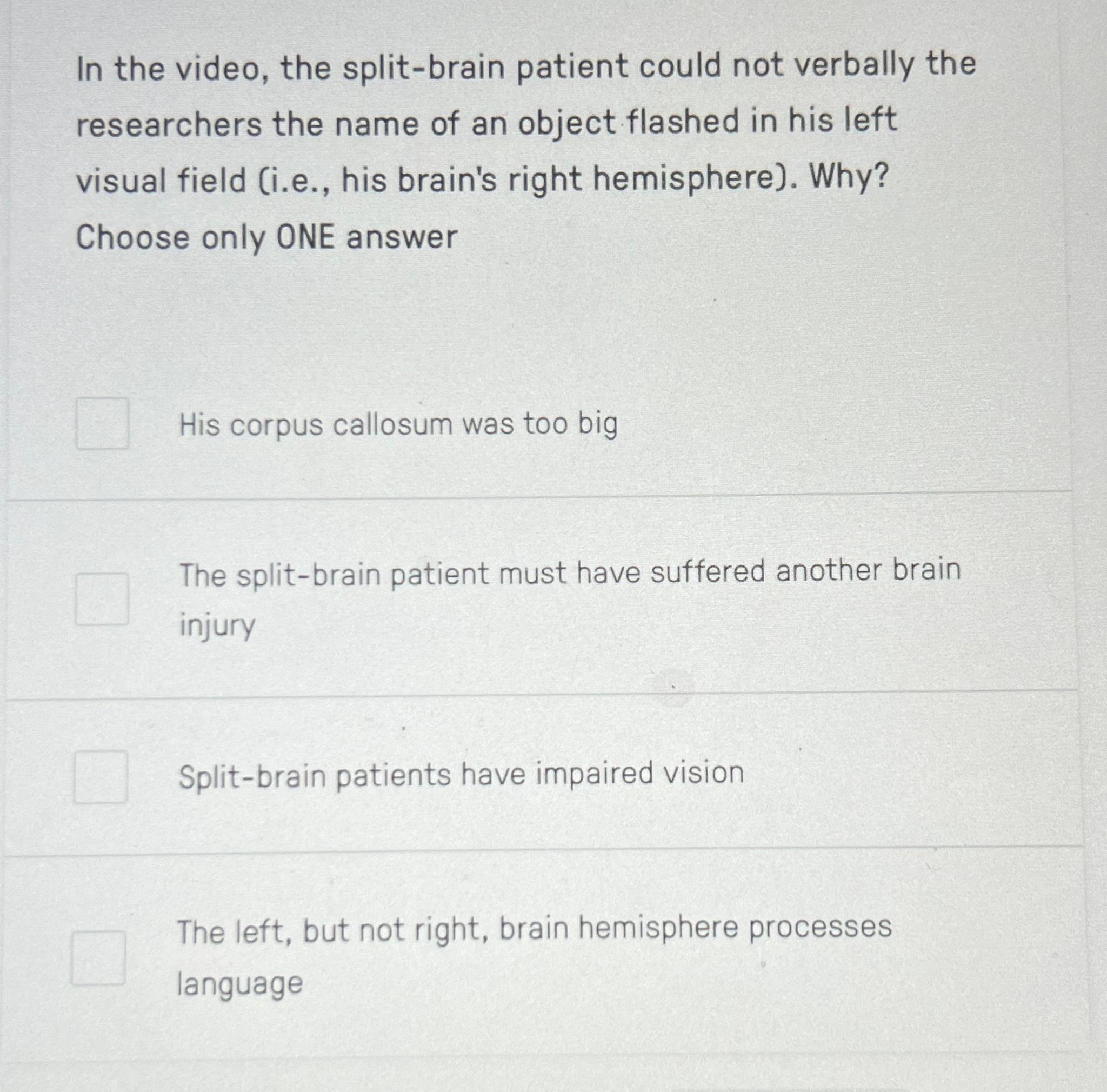 Solved In the video, the split-brain patient could not | Chegg.com