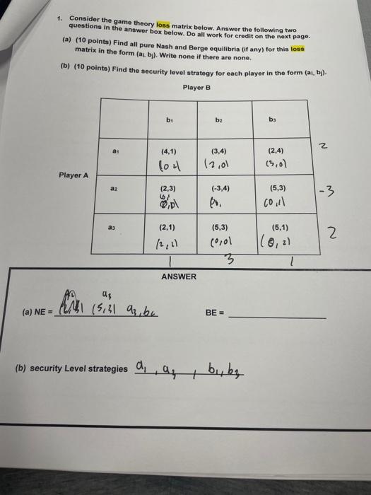 Solved 1. Consider the game theory loss matrix below. Answer | Chegg.com
