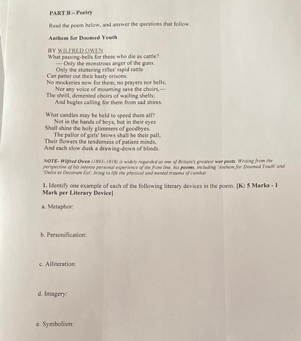 Solved PART B - Poetry Read the poem below, and answer the | Chegg.com