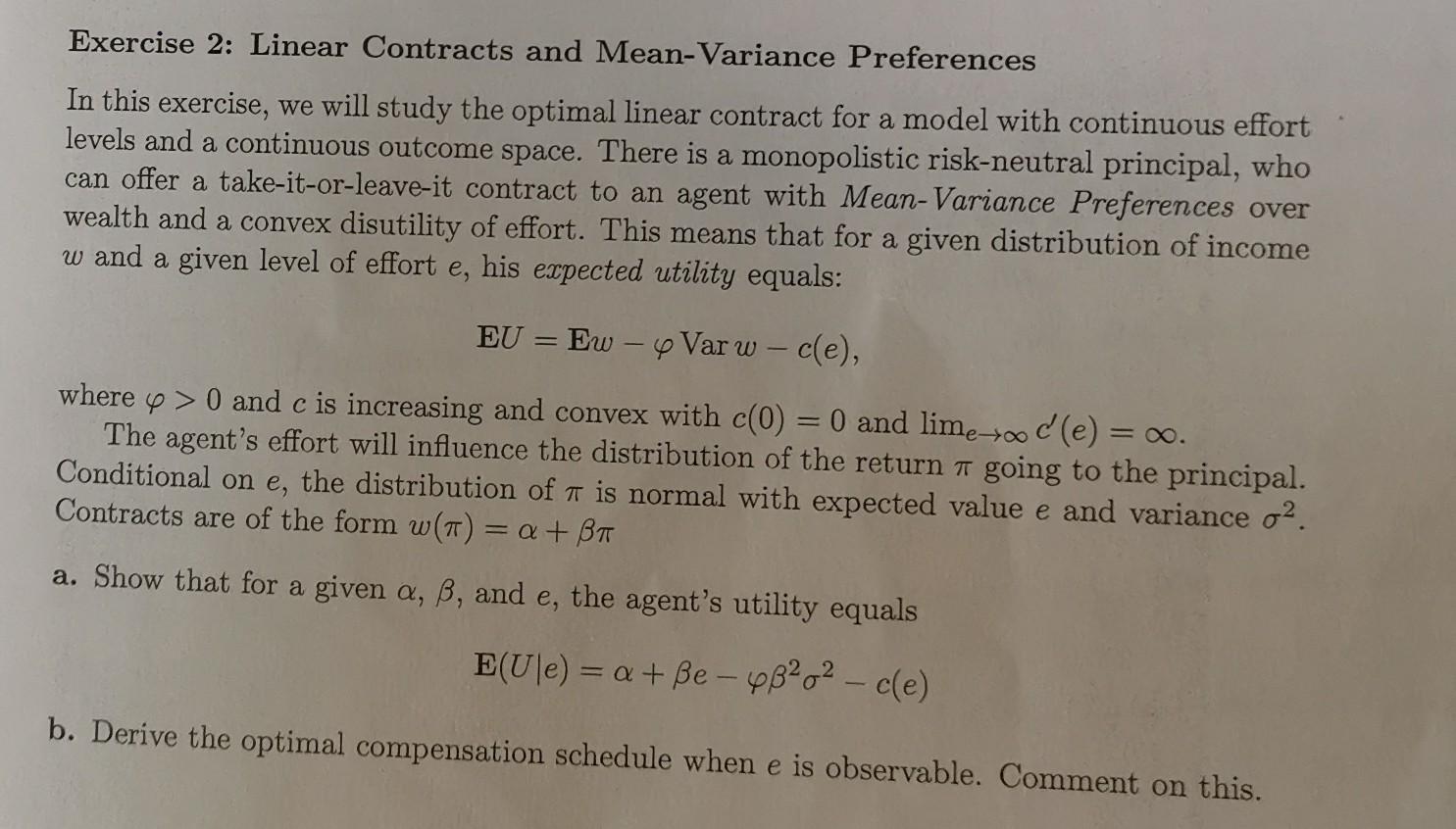 Solved Exercise 2: Linear Contracts and Mean-Variance | Chegg.com