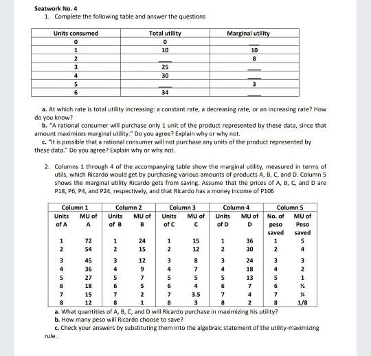 Solved Seatwork No.4 1. Complete the following table and | Chegg.com