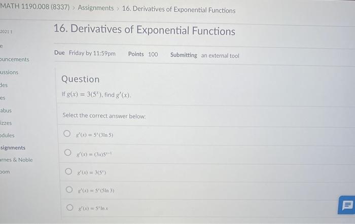 Solved MATH 1190.008 (8337) Assignments 16. Derivatives of | Chegg.com