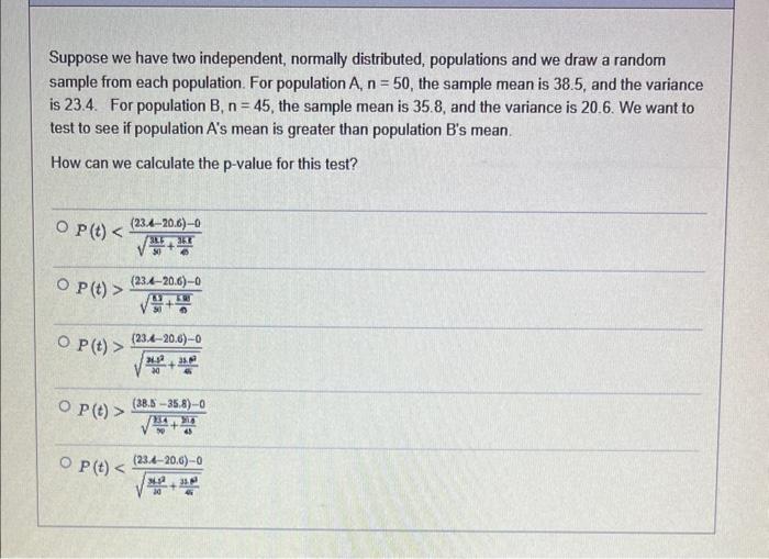 Solved Suppose we have two independent, normally | Chegg.com