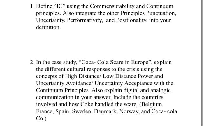 Solved 1. Define "IC" using the Commensurability and | Chegg.com