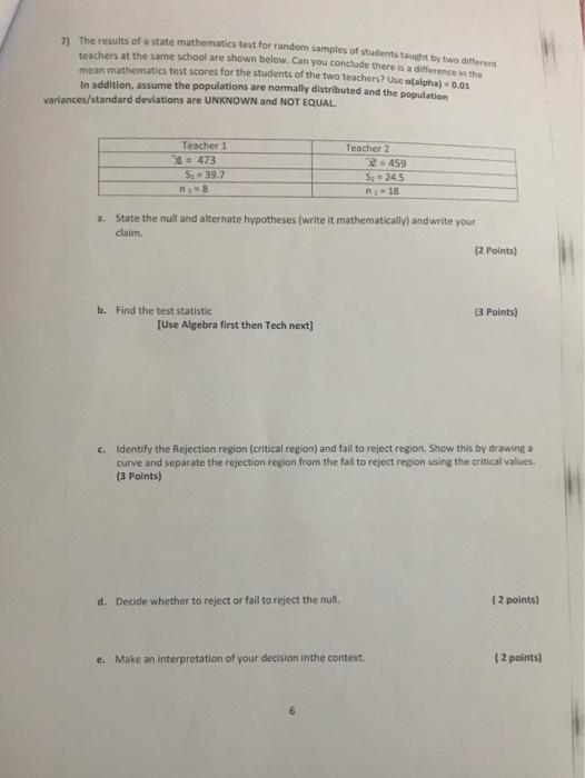Solved ) The results of a state mathematics test for random | Chegg.com
