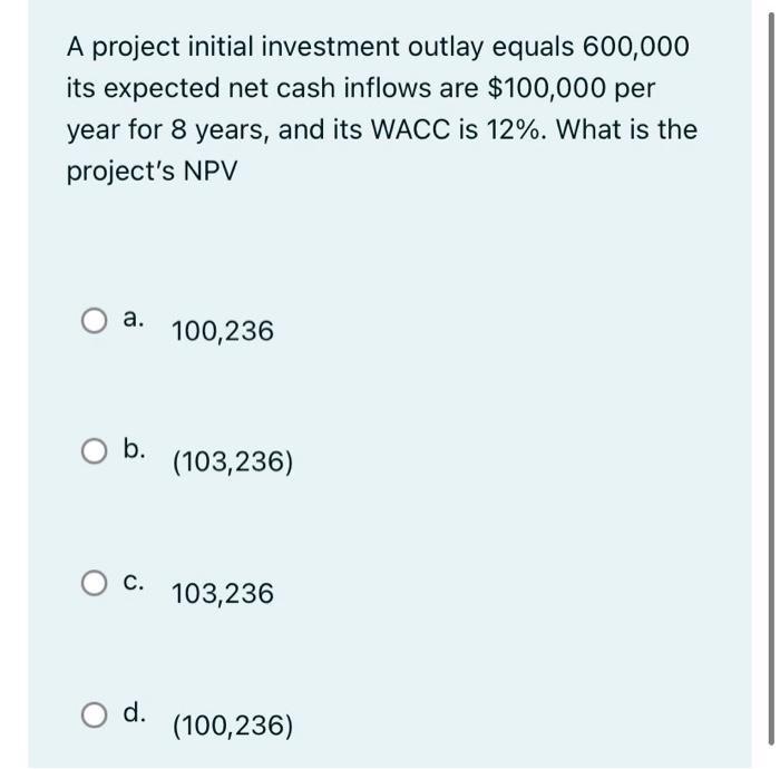 Solved A project initial investment outlay equals 600,000 | Chegg.com