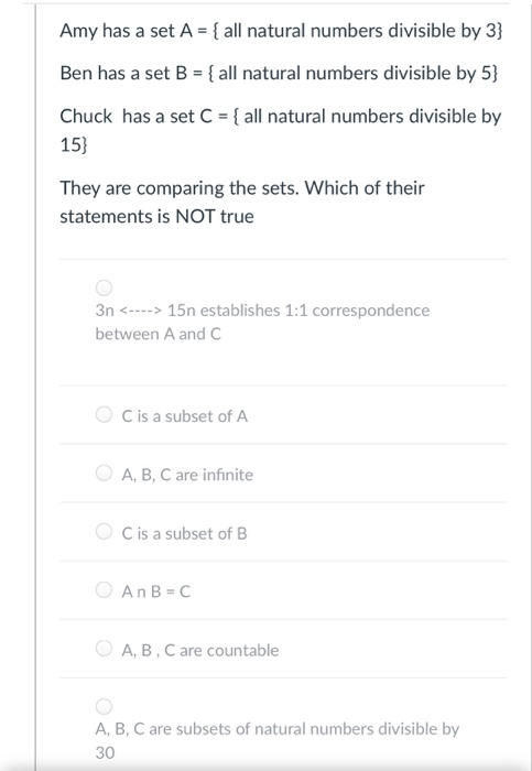 Solved Amy has a set A = { all natural numbers divisible by | Chegg.com