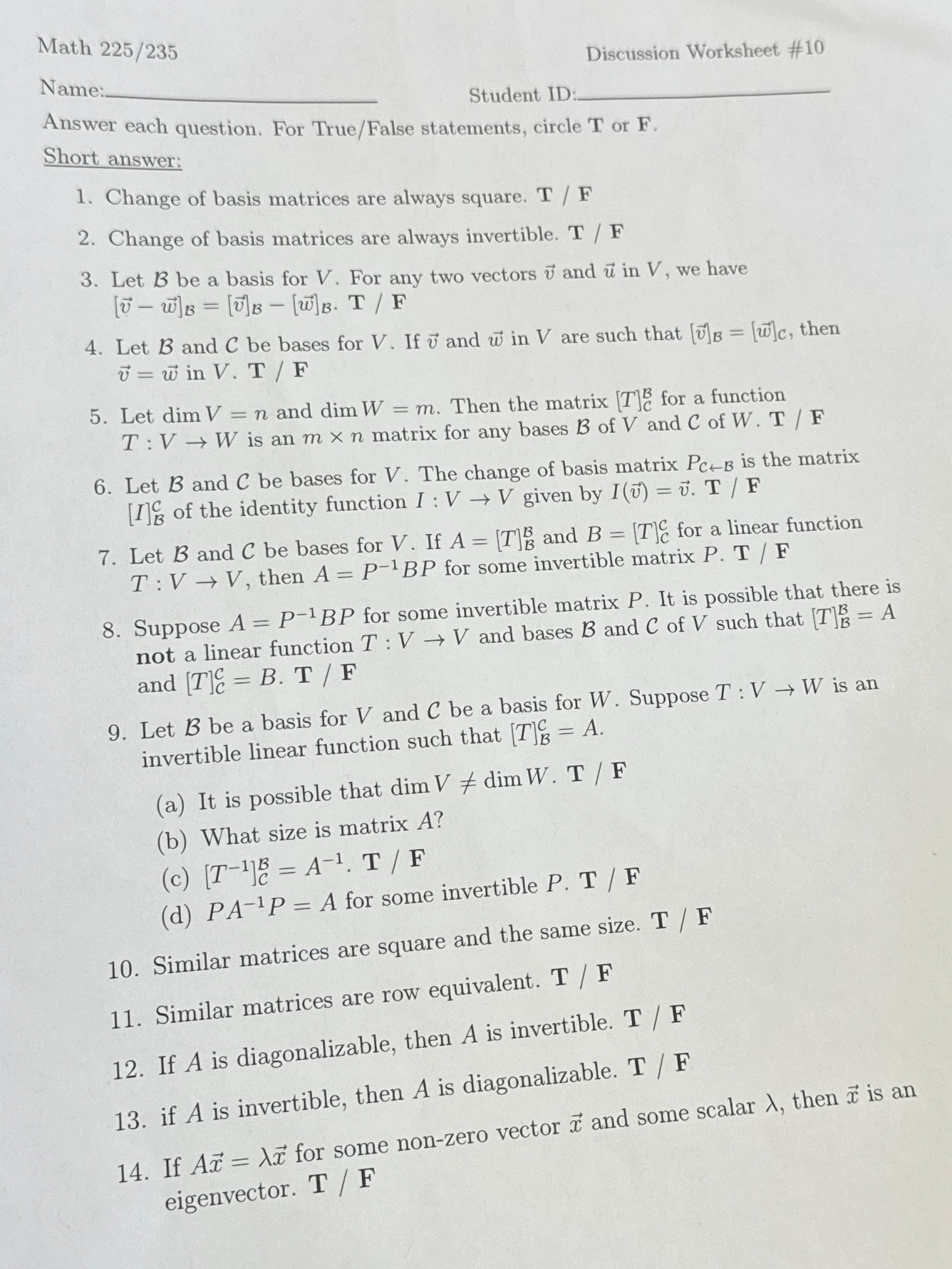 Solved Math 225/235Discussion Worksheet #10Name:Student | Chegg.com