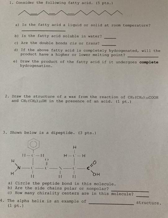 Solved 1. Consider the following fatty acid. (5 pts.) a) Is | Chegg.com
