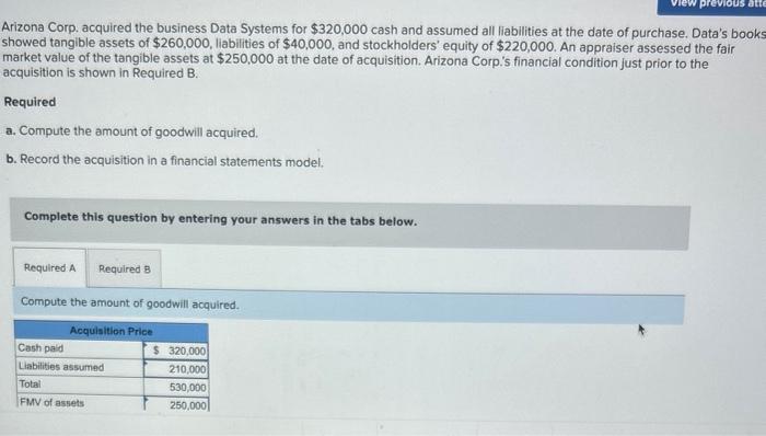 Solved Arizona Corp. acquired the business Data Systems for | Chegg.com