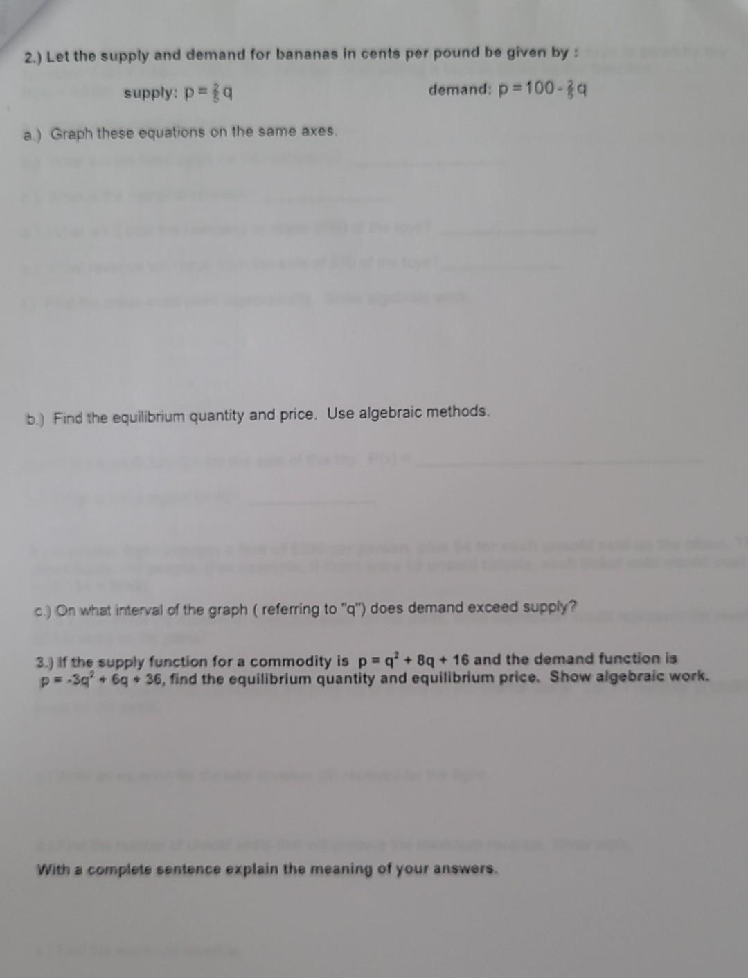 Solved 2.) Let the supply and demand for bananas in cents | Chegg.com