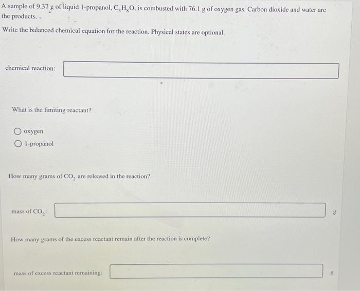 Solved A sample of 9.37 g of liquid 1-propanol, C3H8O, is | Chegg.com