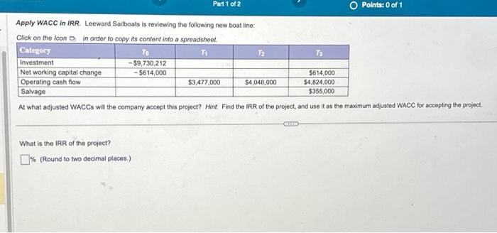 Solved Apply WACC in IRR. Leeward Sailboats is reviewing the | Chegg.com