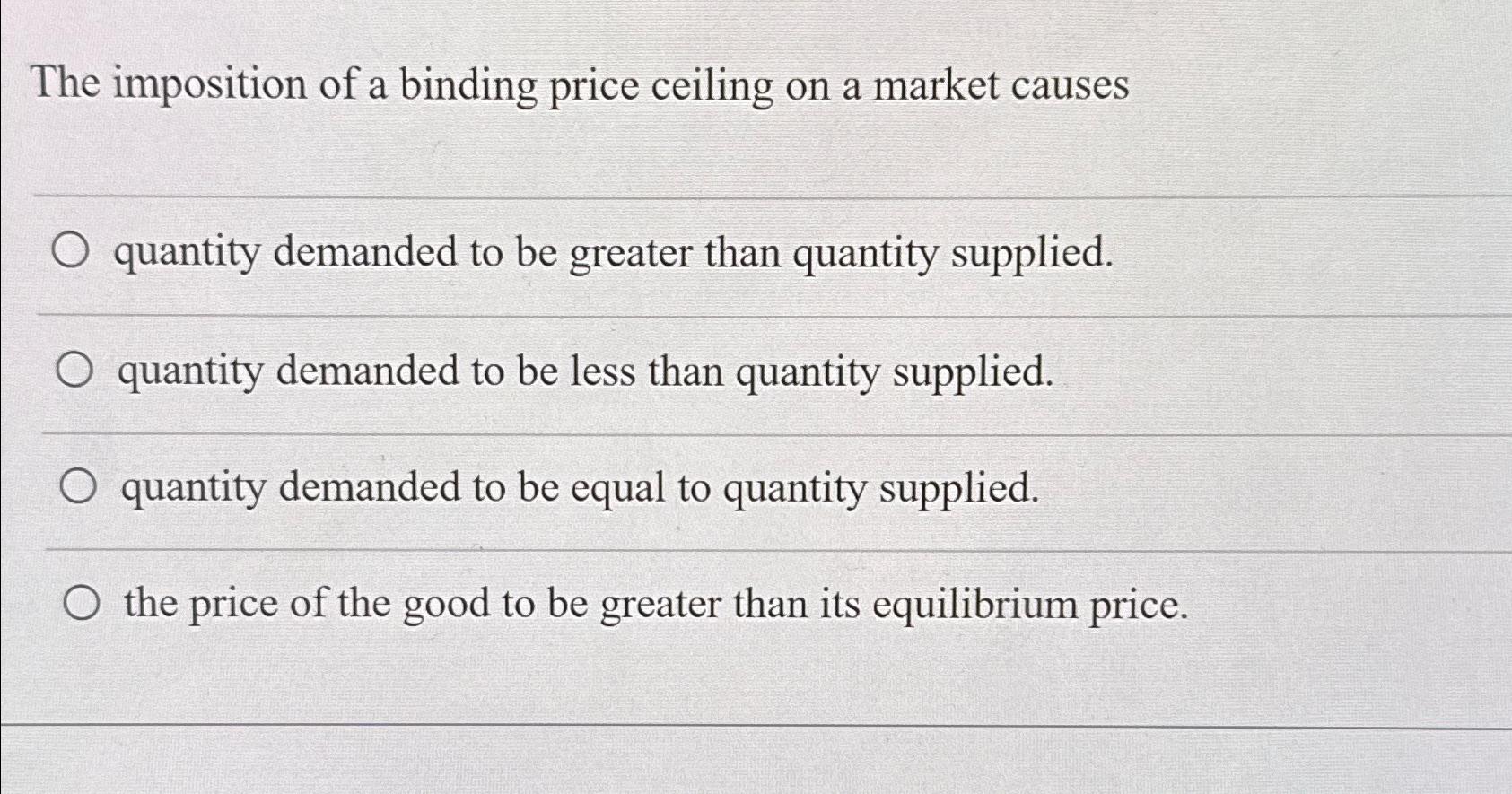 Solved The imposition of a binding price ceiling on a market | Chegg.com