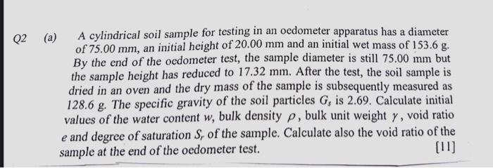Solved A cylindrical soil sample for testing in an odometer | Chegg.com