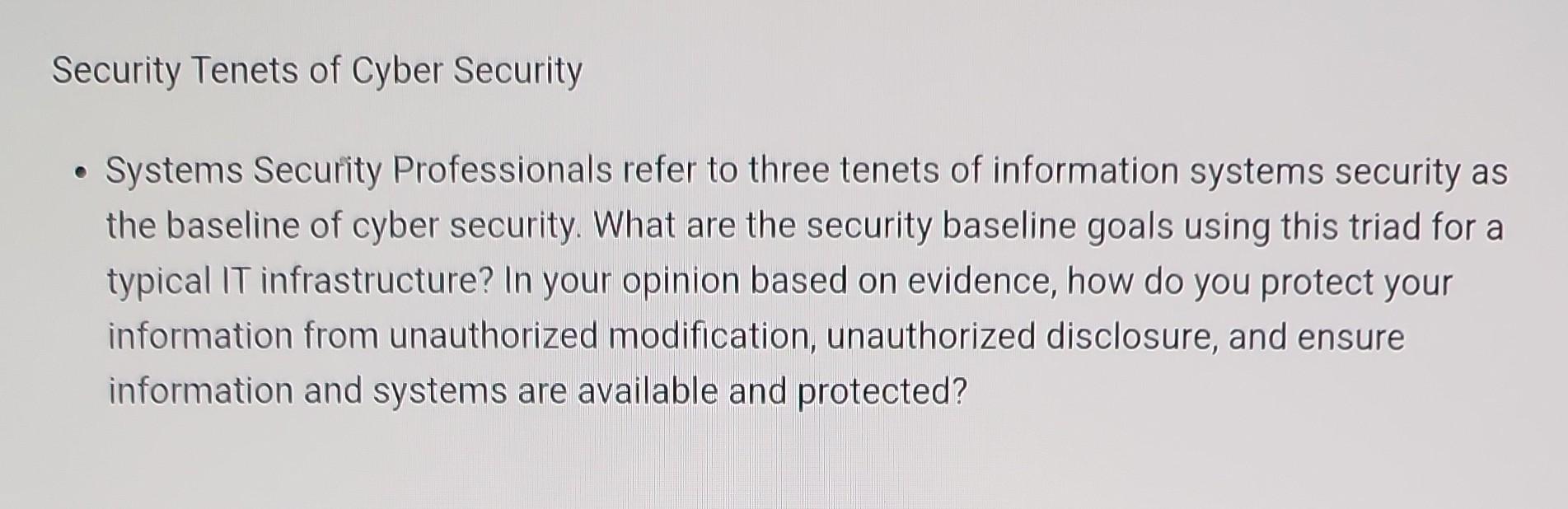 Solved Security Tenets of Cyber Security - Systems Security | Chegg.com