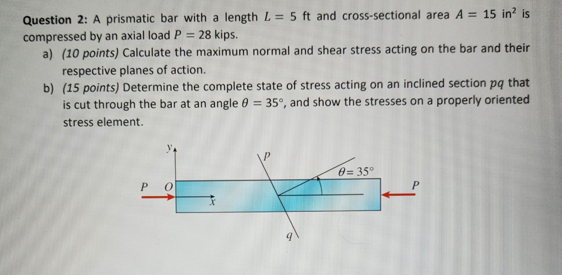 Solved Question 2: A prismatic bar with a length L=5ft and | Chegg.com