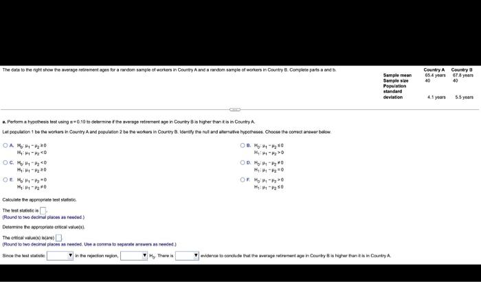Solved Country A Country B 65.4 years 67.8 years 40 40 | Chegg.com