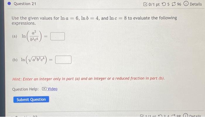 Solved Use the given values for lna=6,lnb=4, and lnc=8 to | Chegg.com