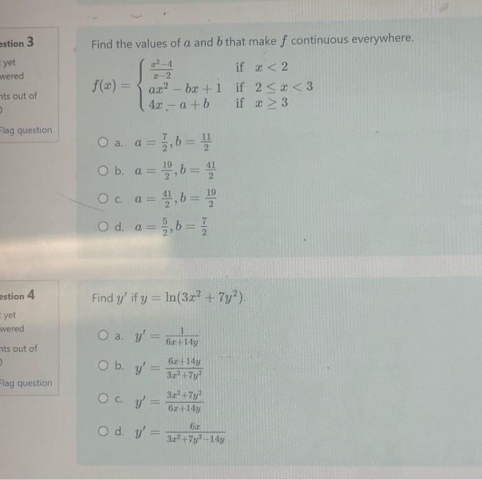 Solved Find the values of a and b that make f continuous | Chegg.com