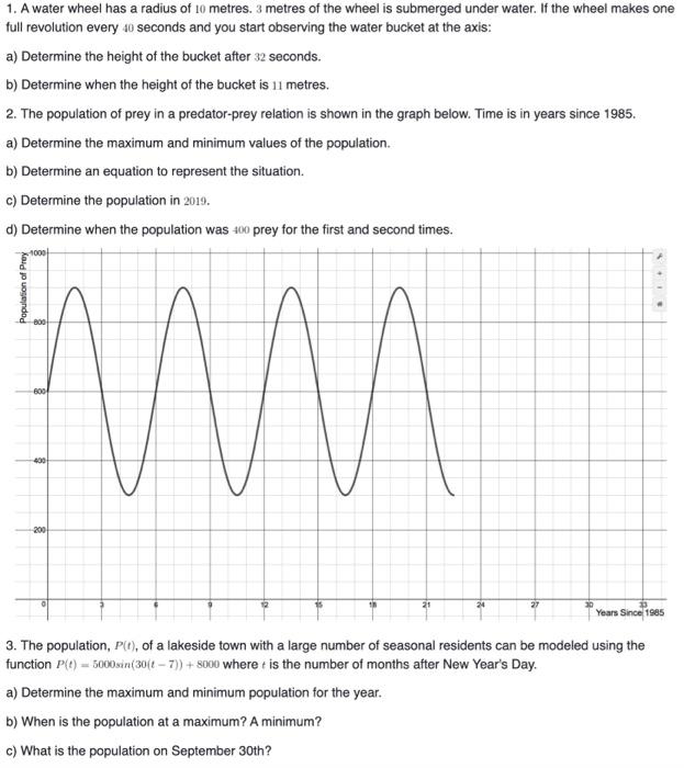 Solved 1. A water wheel has a radius of 10 metres. 3 metres | Chegg.com