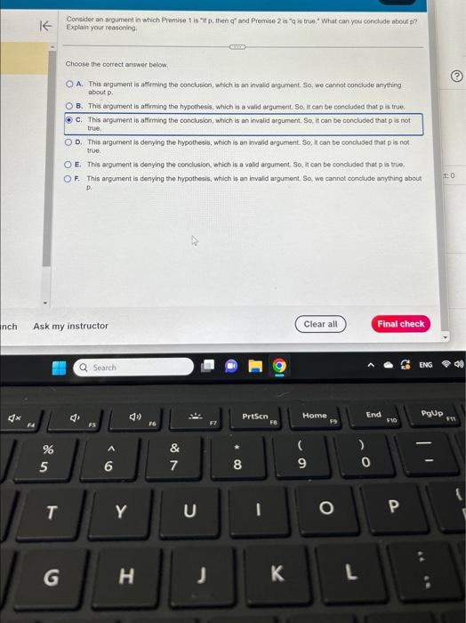 Solved Consider an argument in wich Premise 1 is " 1p, then | Chegg.com
