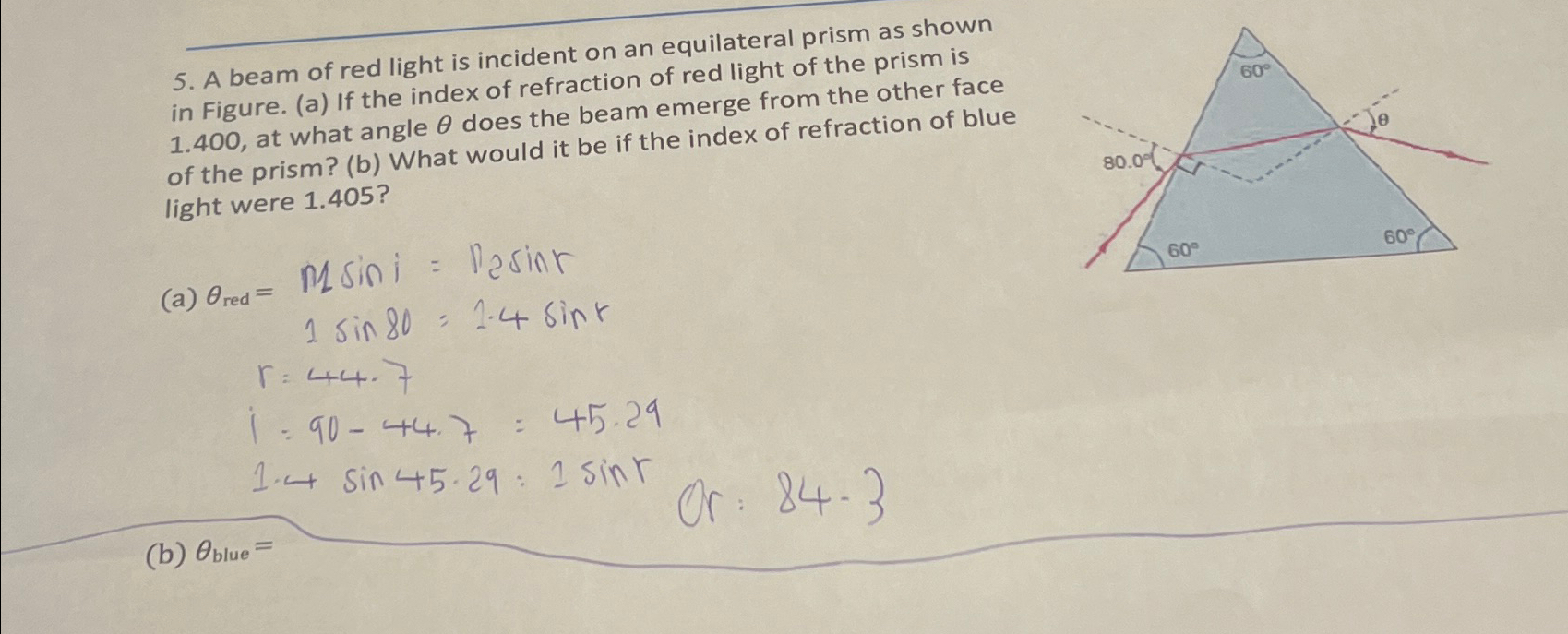 Solved A beam of red light is incident on an equilateral | Chegg.com