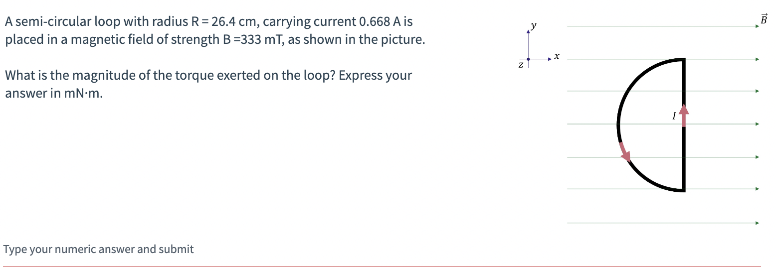 Solved A semi-circular loop with radius R=26.4cm, ﻿carrying | Chegg.com