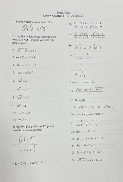 Solved Precalculus Review Chapters P. 3. Worksheet 1 1. Put | Chegg.com