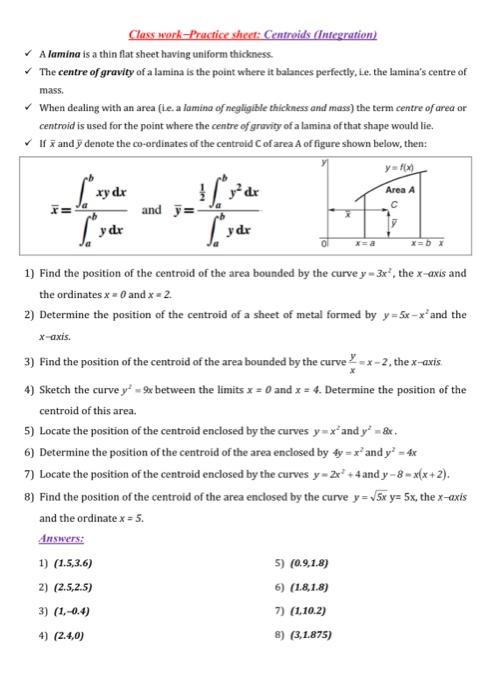 Solved Class work - Practice sheet: Centroids (Integration) | Chegg.com