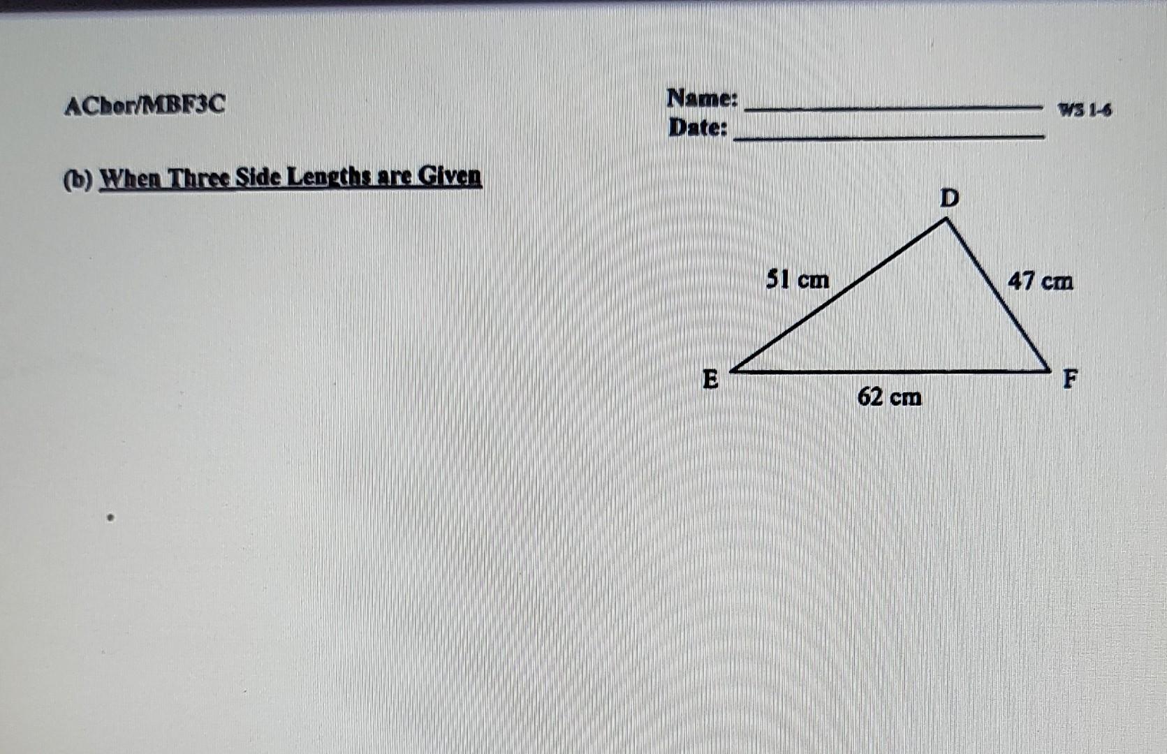 Solved AChor/MBF3C Name: Date: Worksheet 1-6: The Cosine Law | Chegg.com