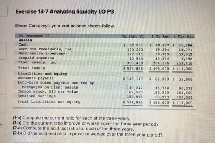 Solved Exercise 13-7 Analyzing liquidity LO P3 Simon | Chegg.com