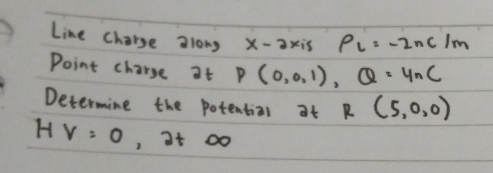 Solved Line Charge along x-2xis ρl=−2nc/m Point charge at | Chegg.com