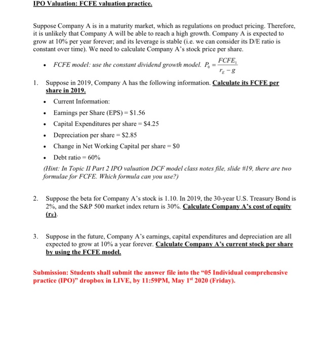 Solved IPO Valuation: FCFE valuation practice. Suppose | Chegg.com