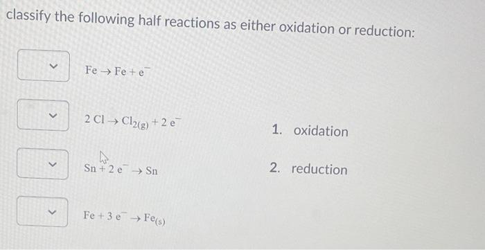 Solved classify the following half reactions as either | Chegg.com