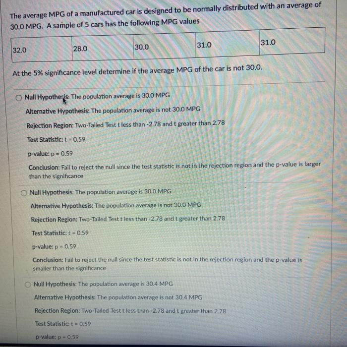 Solved The average MPG of a manufactured car is designed | Chegg.com
