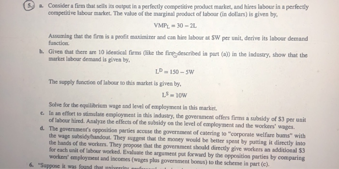 Solved (5.) a. Consider a firm that sells its output in a | Chegg.com