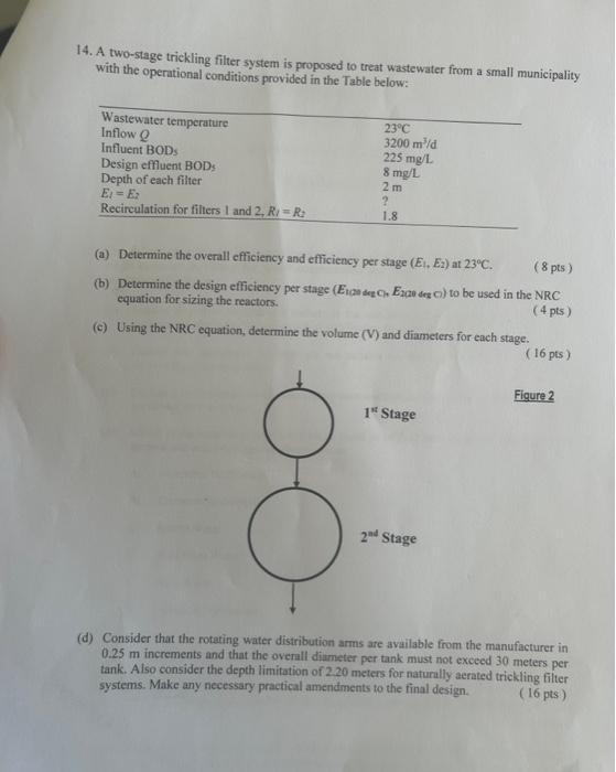 Solved 14. A two-stage trickling filter system is proposed | Chegg.com